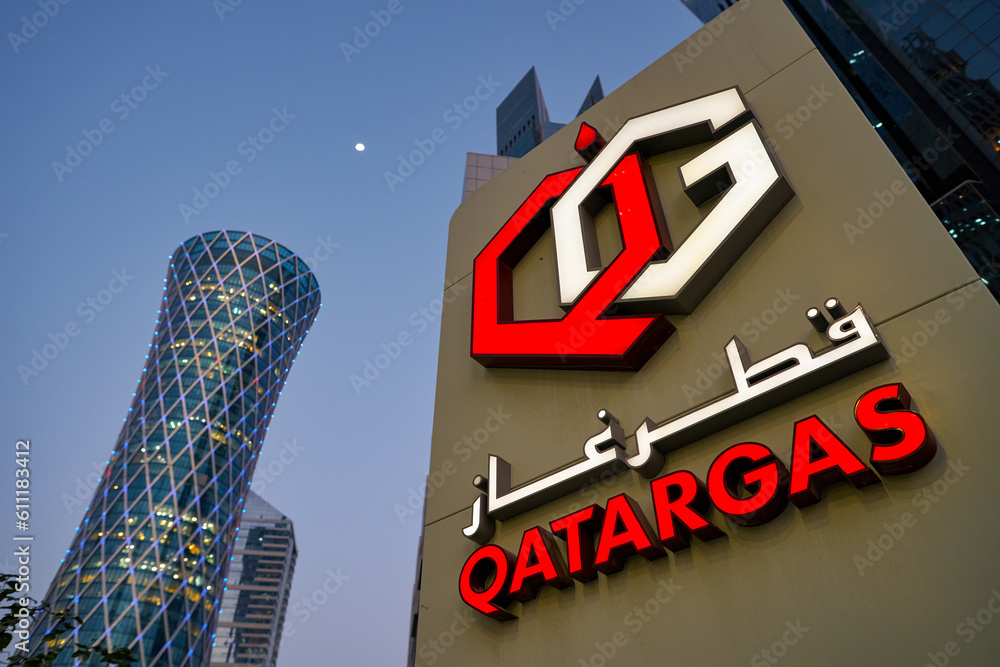 DOHA, QATAR - CIRCA MARCH, 2023: close up shot of Qatargas sign with ...