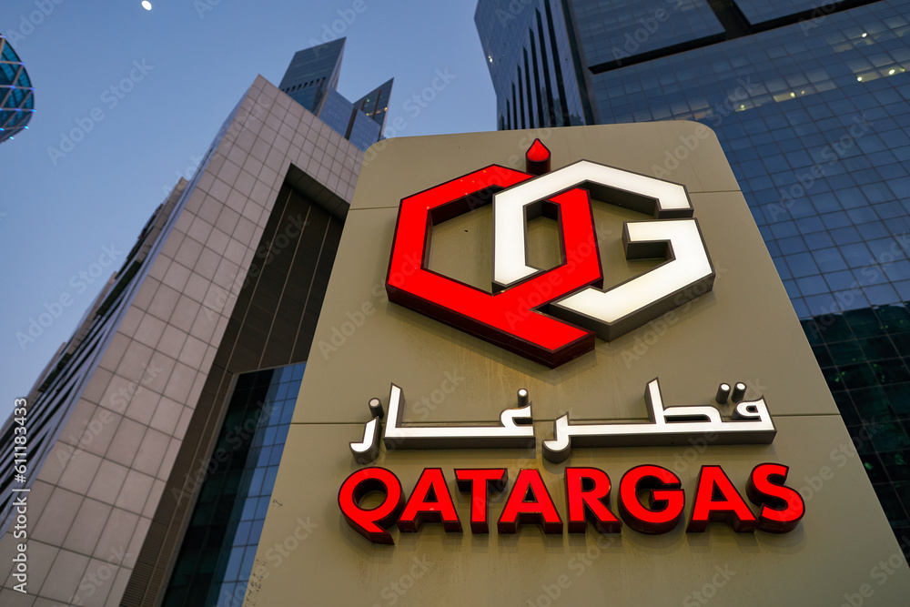 DOHA, QATAR - CIRCA MARCH, 2023: close up shot of Qatargas sign seen in ...