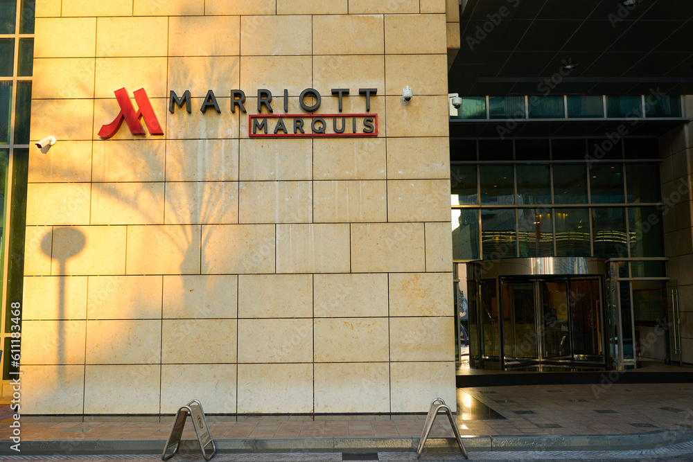 DOHA, QATAR - CIRCA MARCH, 2023: street level view of Marriott Marquis ...