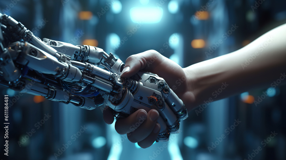 Human and artificial intelligence robot in a handshake to collaborate ...