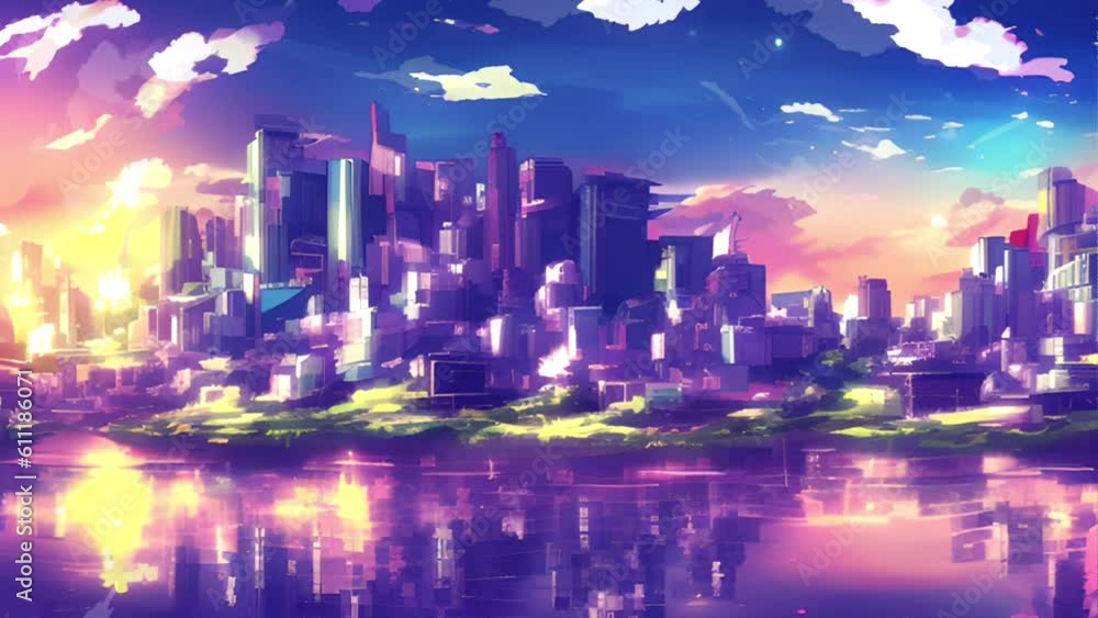 Beautiful fantasy city buildings and trees scenic background animation ...