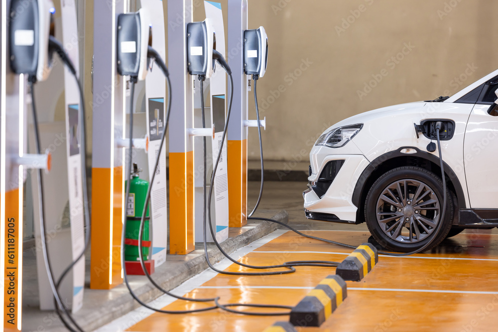 EV charging an electric car. Power supply for electric car charging ...