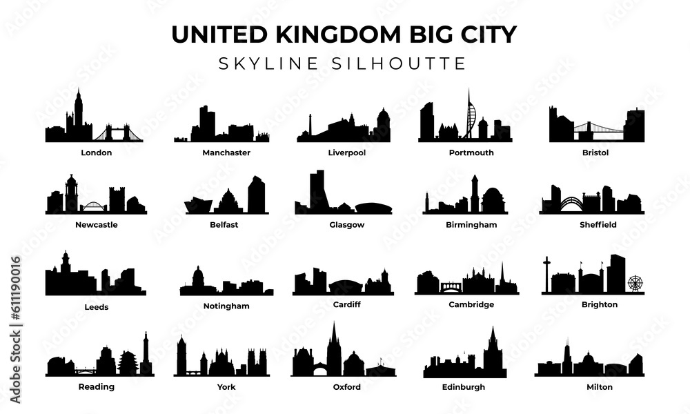 set of United Kingdom big cities skyline silhouette, Most Famous UK ...