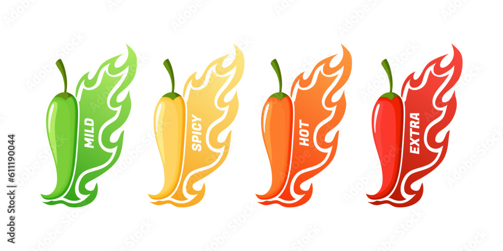 Hot spicy level labels, vector icons chili pepper, cayenne or jalapeno ...