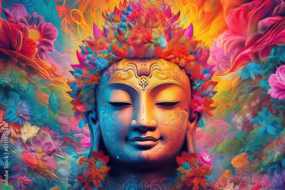 Full-faced and detailed Buddha's head on a colorful background. digital ...