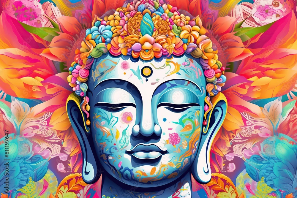 Full-faced and detailed Buddha's head on a colorful background. digital ...