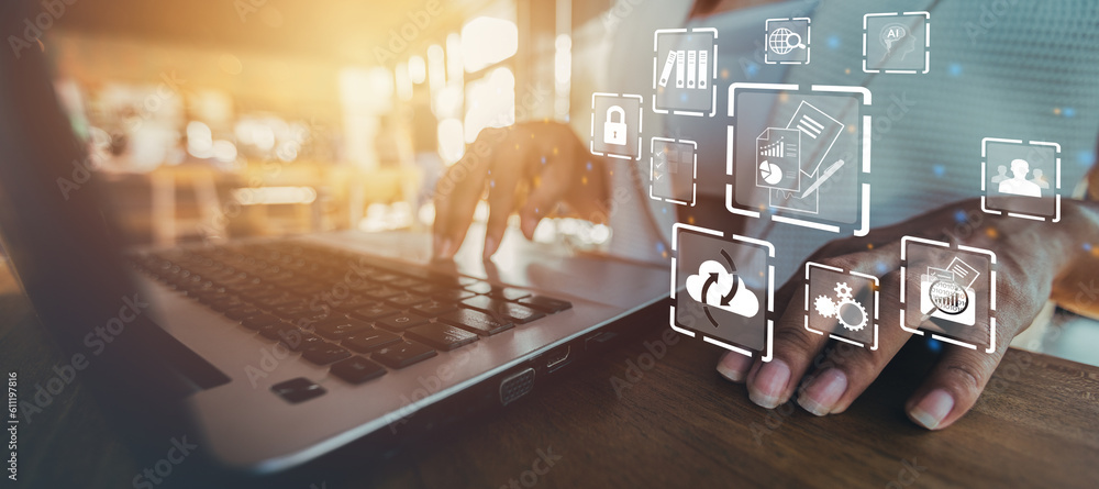 Businesswoman using a computer to document management concept, online ...