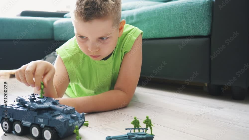 Boy Play Soldier Mini Figure Toy in the Lihgt Room. Close Up Child Face ...