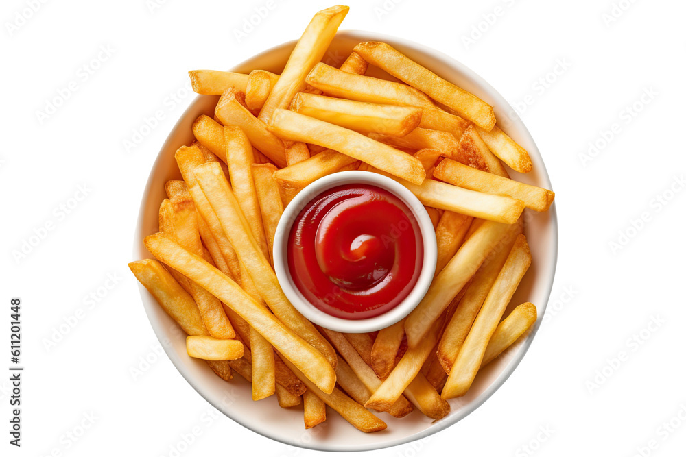 French fries or potato chips with ketchup top view isolated on white ...