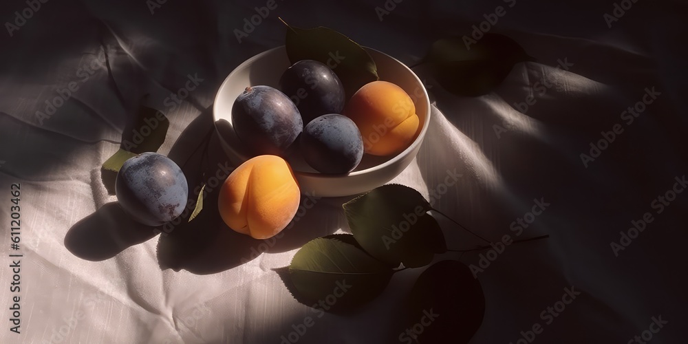 Plums and peaches still life. Close up of citrus fruits on a white ...