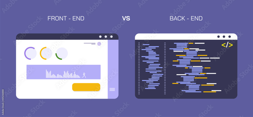 Front End vs. Back End Development. UI UX vs programming. coding and scripting education. front ...