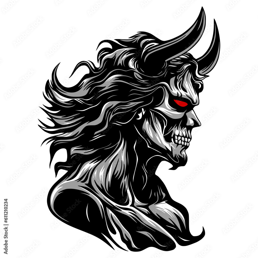 Devil vector illustration. Hand drawn horned devil illustration. Hades ...