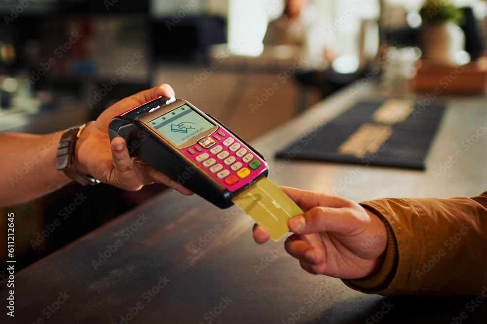 Debit card, point of sale and hands of coffee shop people, cashier or ...