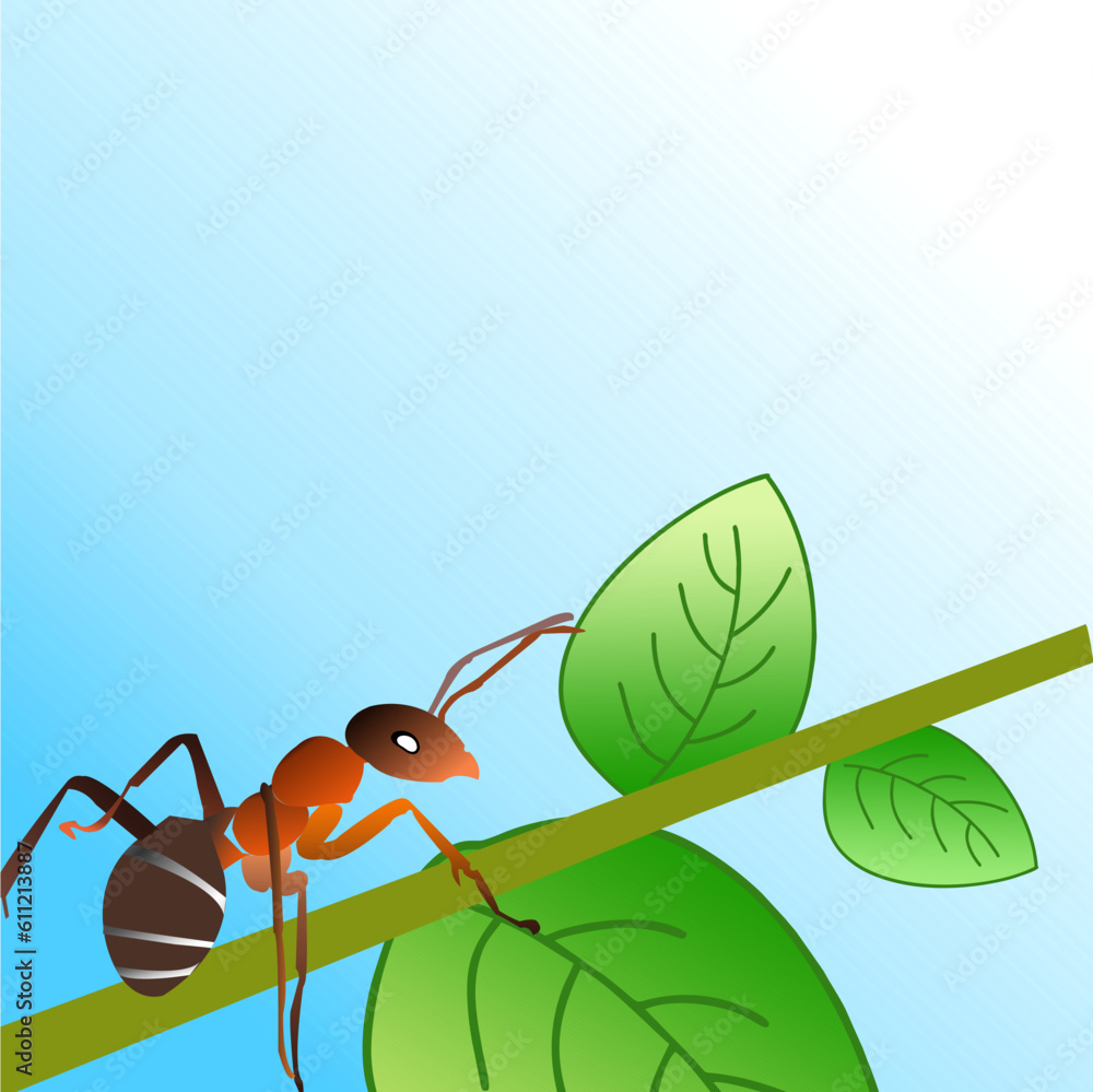 Vector illustration of Cartoon ant on the leaf, ants walking on leafy ...