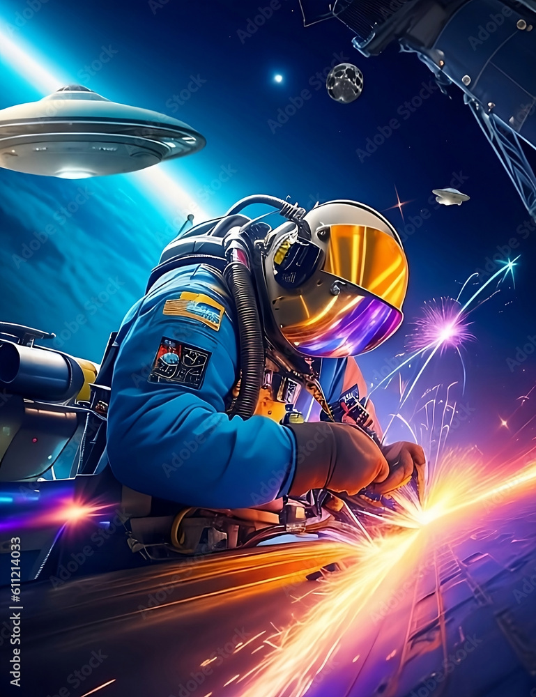 Astronaut Welding on A Spaceship in orbit With ufos in the background ...