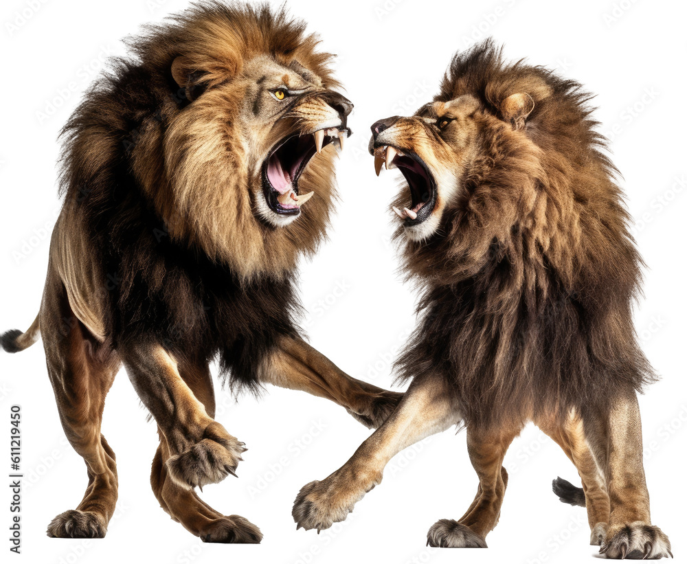 Two fighting male lions isolated on white background as transparent PNG ...