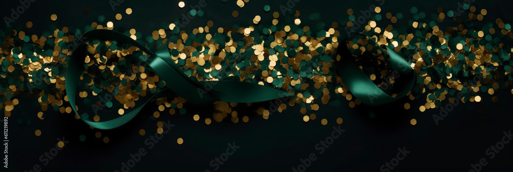 Anniversary dark green and gold color background with falling confetti ...