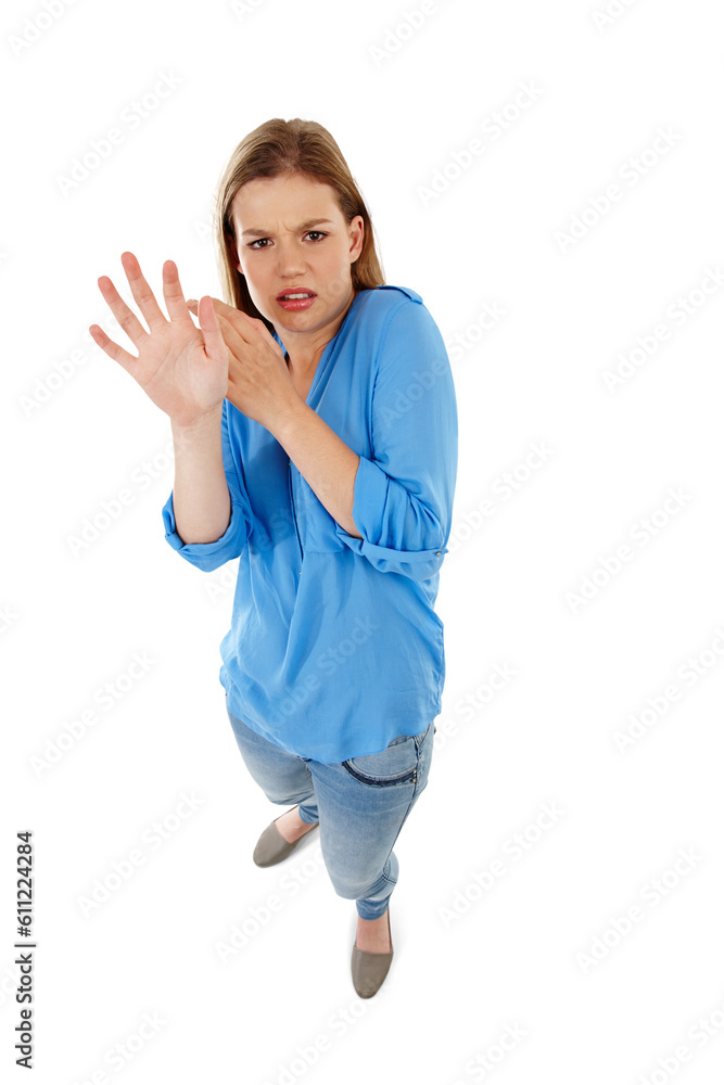 Stop, scared and teen girl isolated on transparent png background with ...