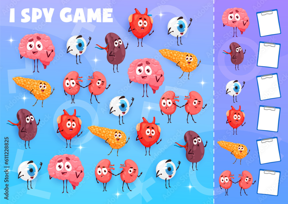 I spy game worksheet cartoon human organ characters. Kids vector ...
