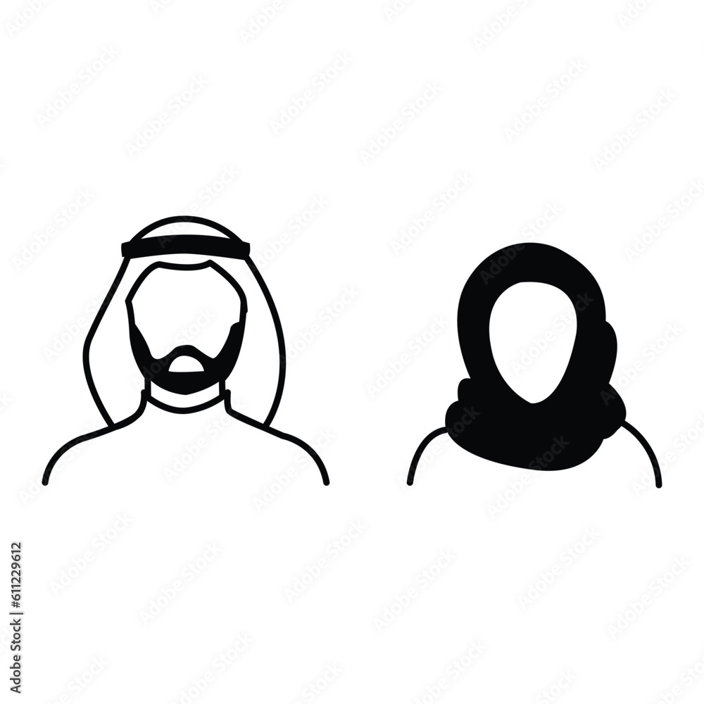 Arabic muslim man and woman linear icons. Saudi arab faceless people ...