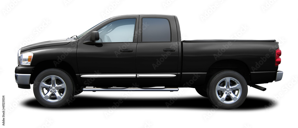 Modern powerful American black pickup truck, side view in png format ...
