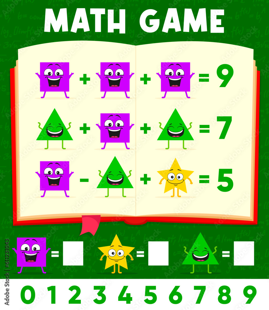 Cartoon math shape characters, math game worksheet or mathematics quiz ...