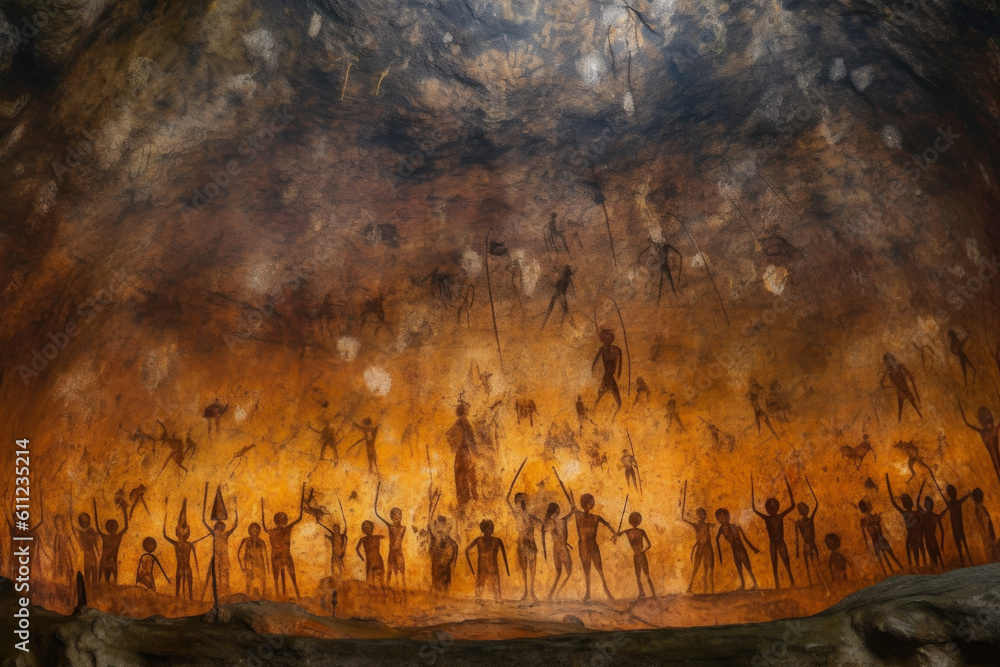 Prehistoric Rock Paintings Of Cavemen Of The Stone Age As A Background ...