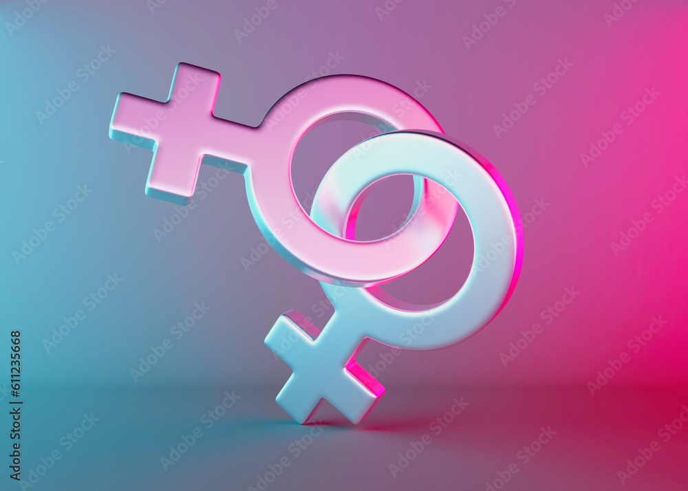 Two Female Sex Symbols With Neon Light Venus Symbol For Women Gender