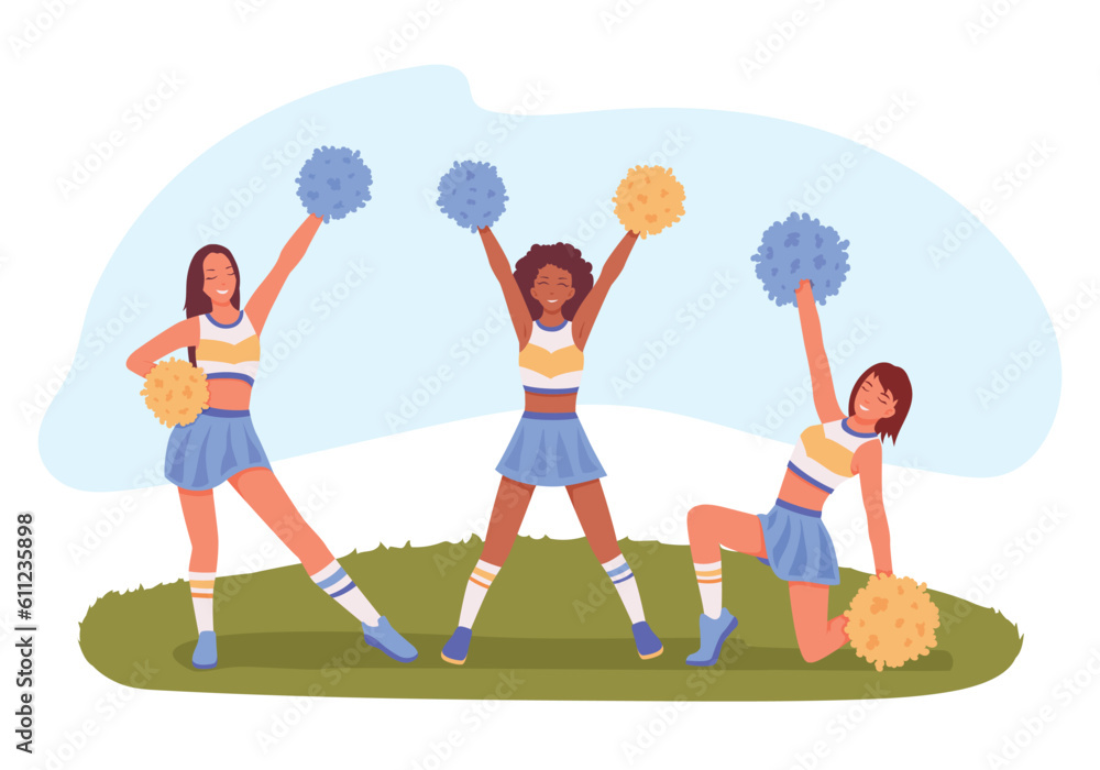 Team of girls performing dance on soccer field. Merry female ...