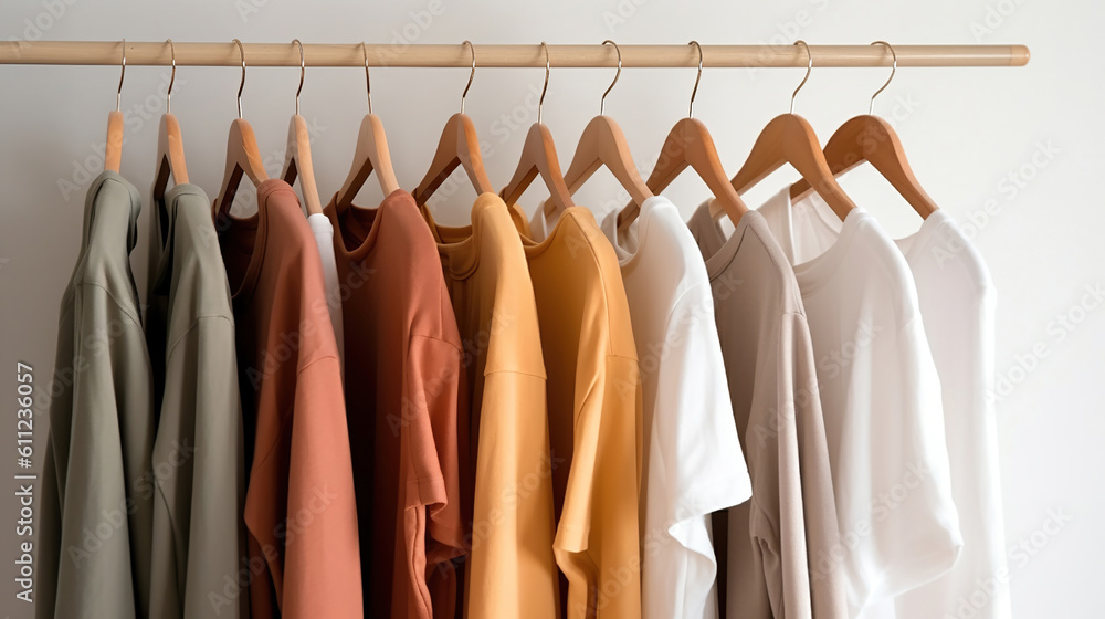 Minimal fashion clothes concept. Female blouses and t-shirts on hanger ...