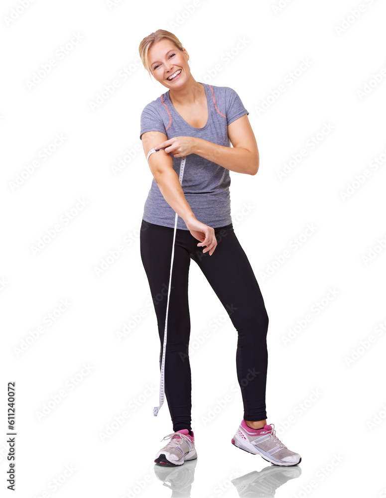 Woman, portrait and tape to measure arm with smile for weight loss ...