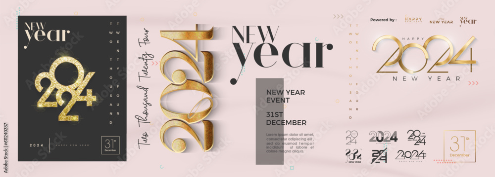 Set of new year 2024 banners. With a unique set of 2024 numbers ...