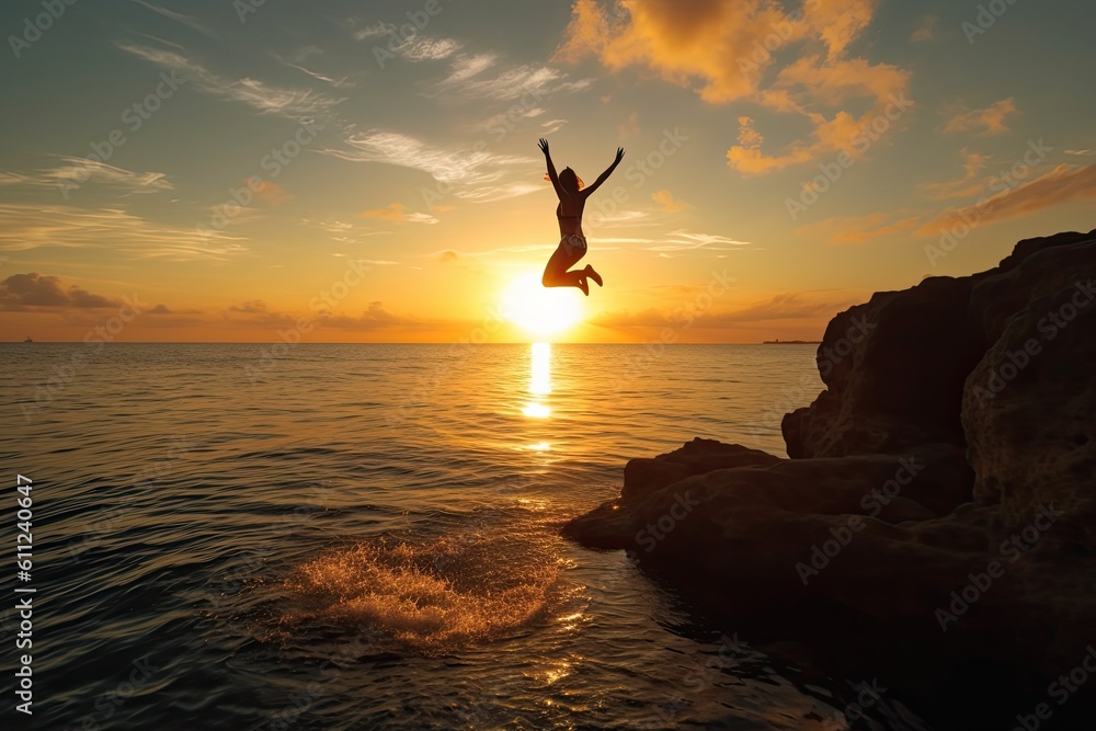 Silhouette of a person jumping over a cliff into the sea at sunset Stock Illustration | Adobe Stock