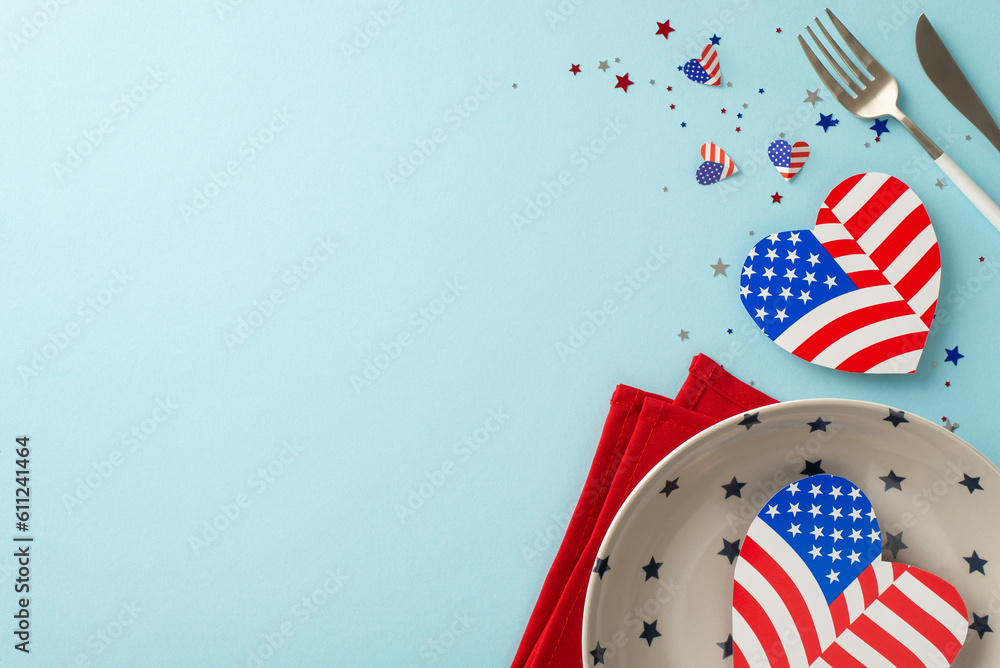 Plan for Independence Day with inventive table arrangement. Top view of ...