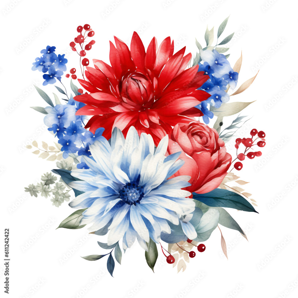 4th of July Flowers Sublimation, 4th of July Watercolor Clipart. Red ...