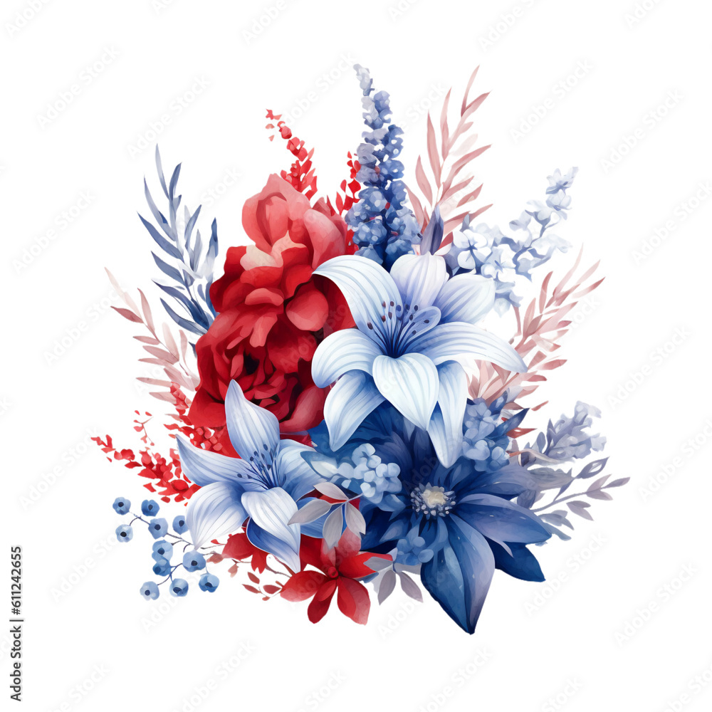 4th of July Flowers Sublimation, 4th of July Watercolor Clipart. Red ...