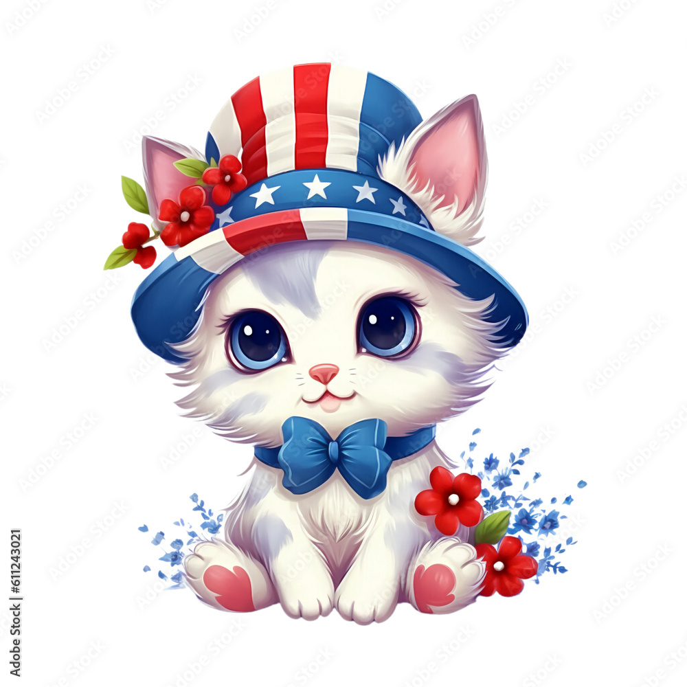 4th of July Floral Cat Sublimation, 4th of July Watercolor Cat Clipart ...