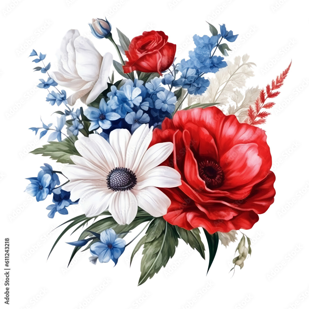 4th of July Flowers Sublimation, 4th of July Watercolor Clipart. Red ...