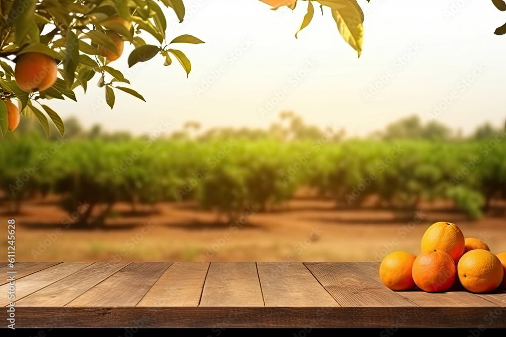 Empty wood table with free space over orange trees, orange field ...