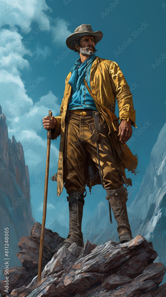 A gritty digital painting of a prospector standing on top of a mountain ...