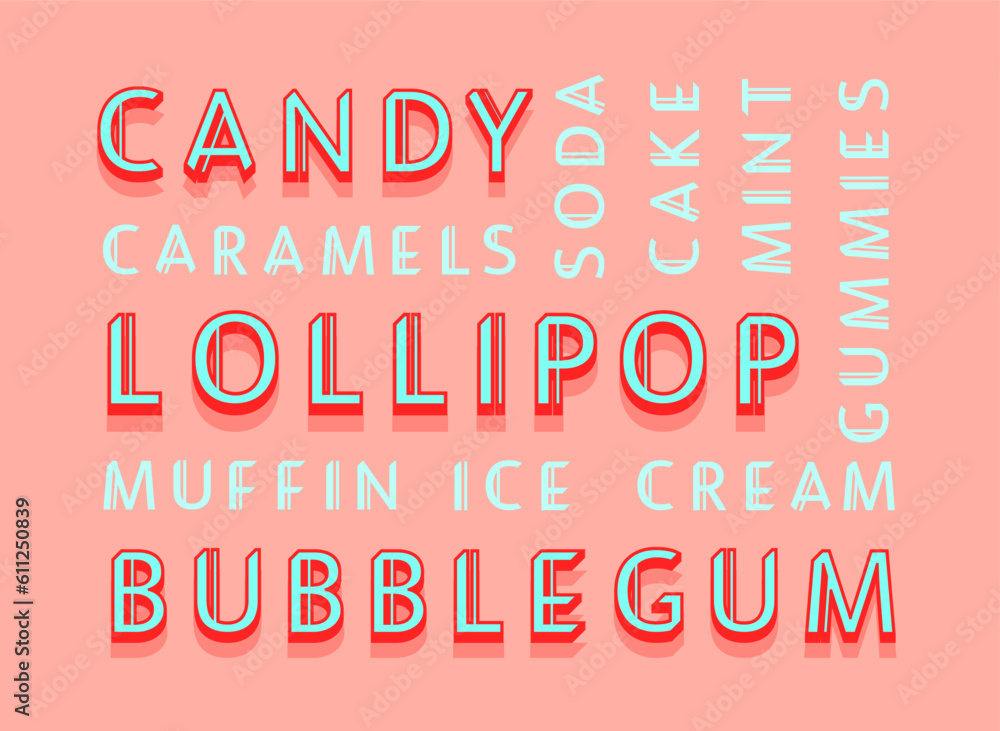 Candy word collage. Lollipop and bubblegum words. Vector decorative ...