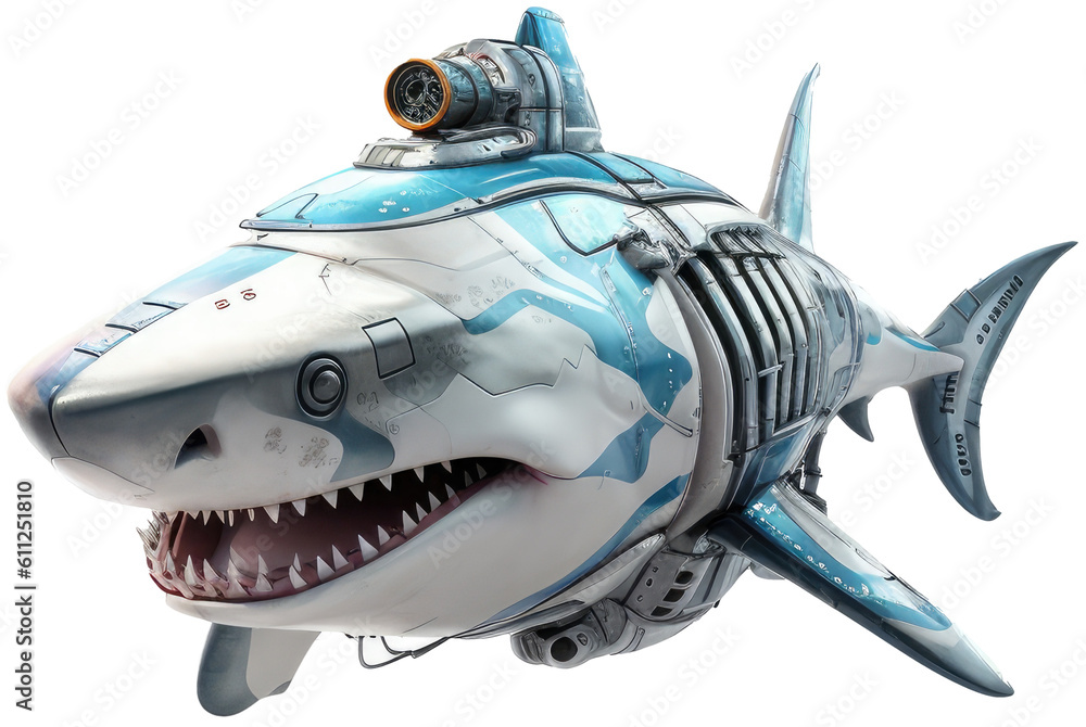 robotic war shark as mechanical cyber animal isolated on a white ...