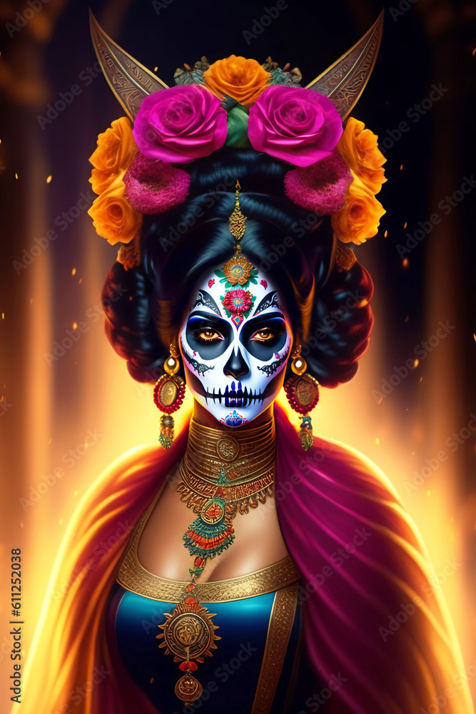 Skull goddess la Catrina with flowers and ritual makeup neural network ...