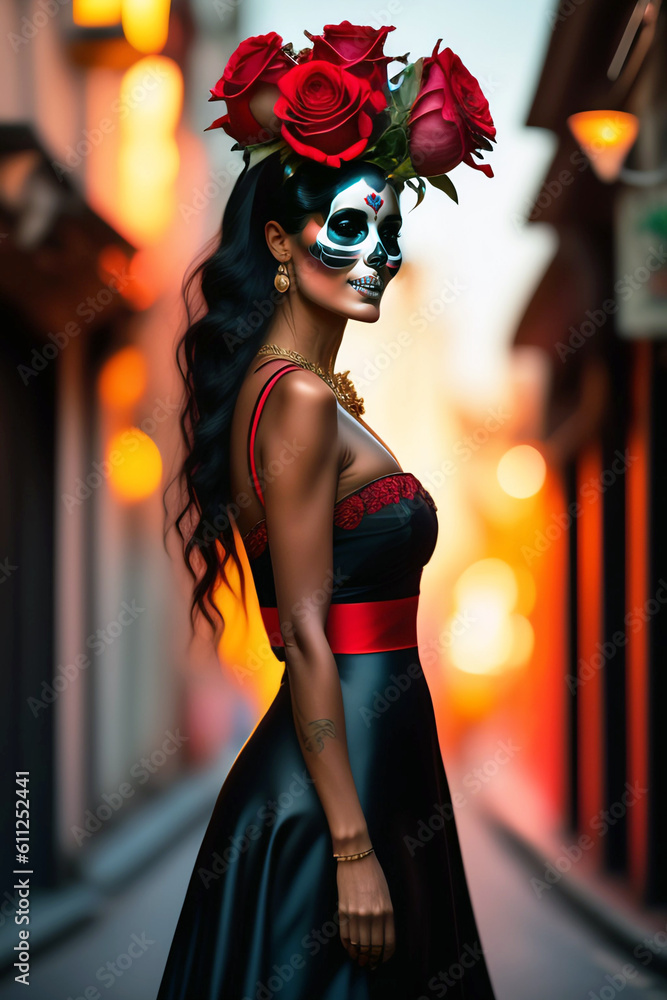 Skull goddess la Catrina with flowers and ritual makeup neural network ...