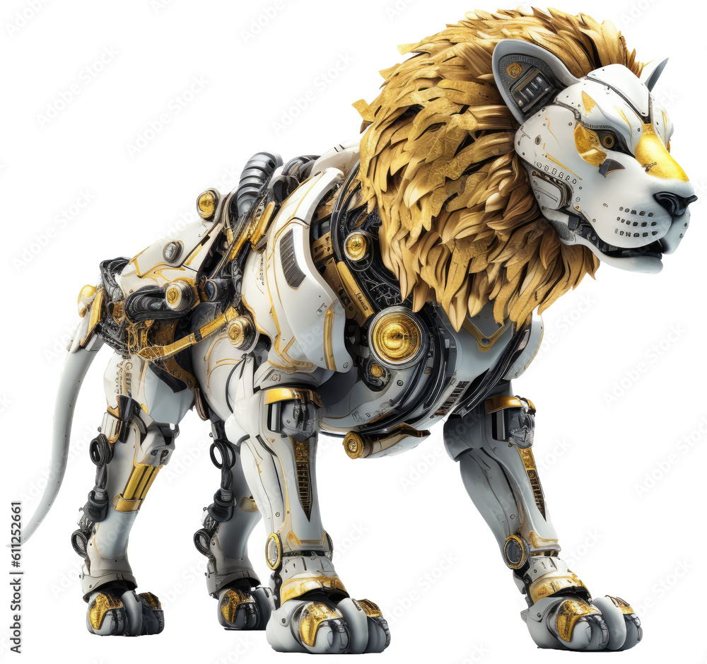 robot lion as mechanical cyber animal isolated on white background ...