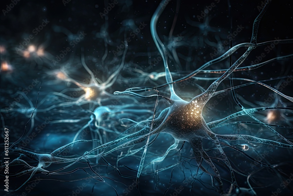 Neuron cell, 3D illustration. Neuron cell with neurons activity. Neuron ...