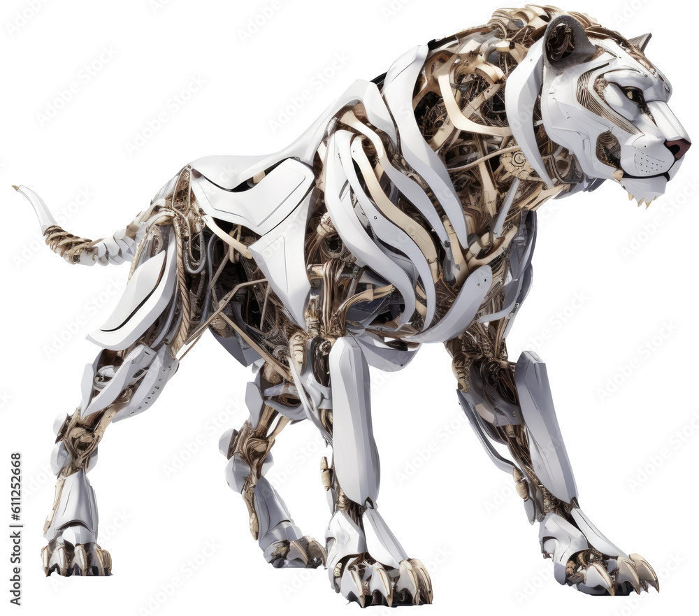robot lioness as mechanical cyber animal isolated on a white background ...