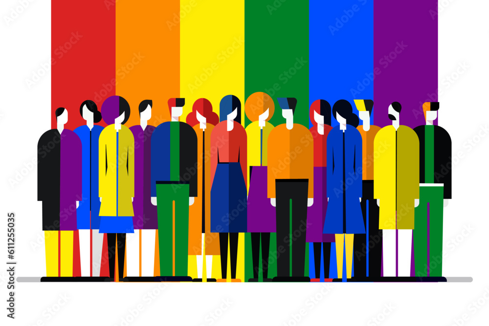 People standing together in the background of rainbow pride flag ...