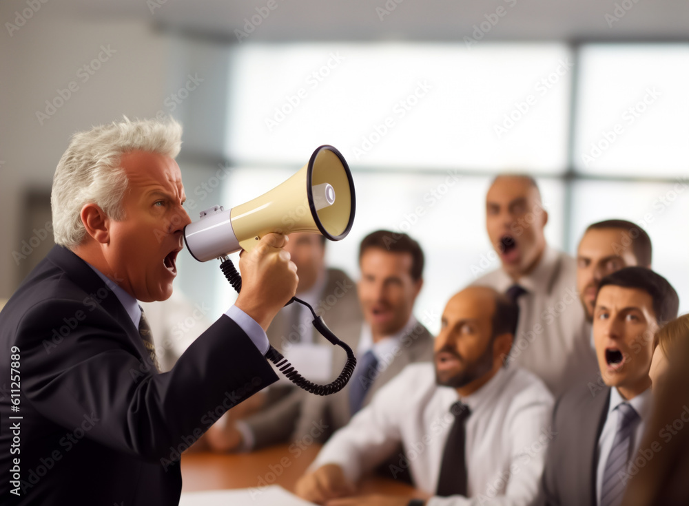 Boss or manager at an office or corporate business shouting at the ...