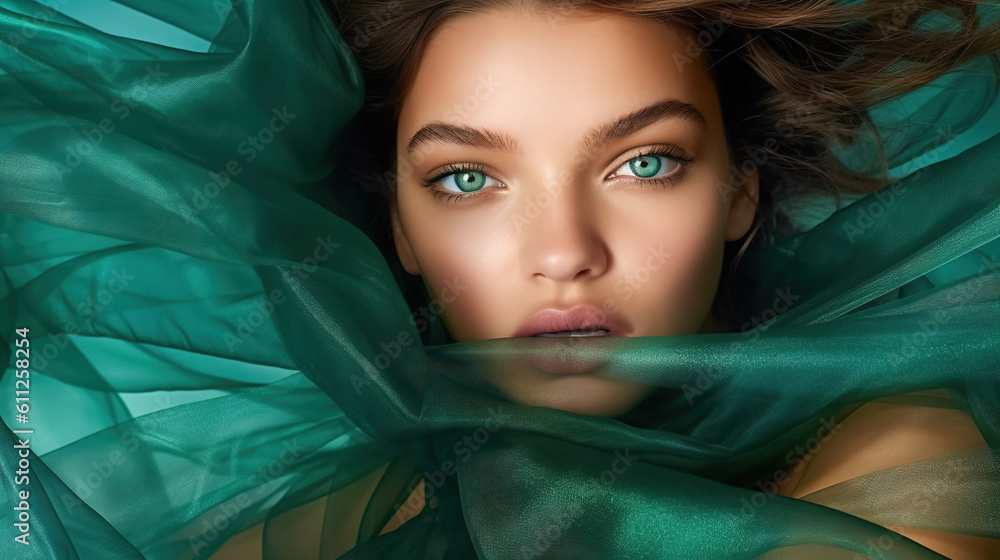 Beautiful floating transparent tulle face of young extraordinal woman ...